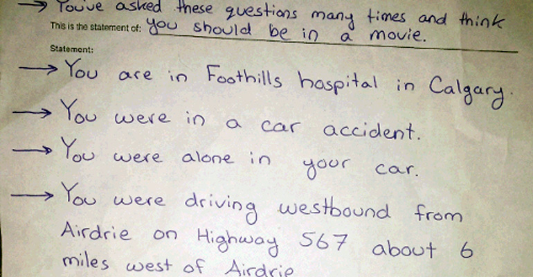 Calgary Man Hospitalized After Car Accident Finds a Note Attached to Him